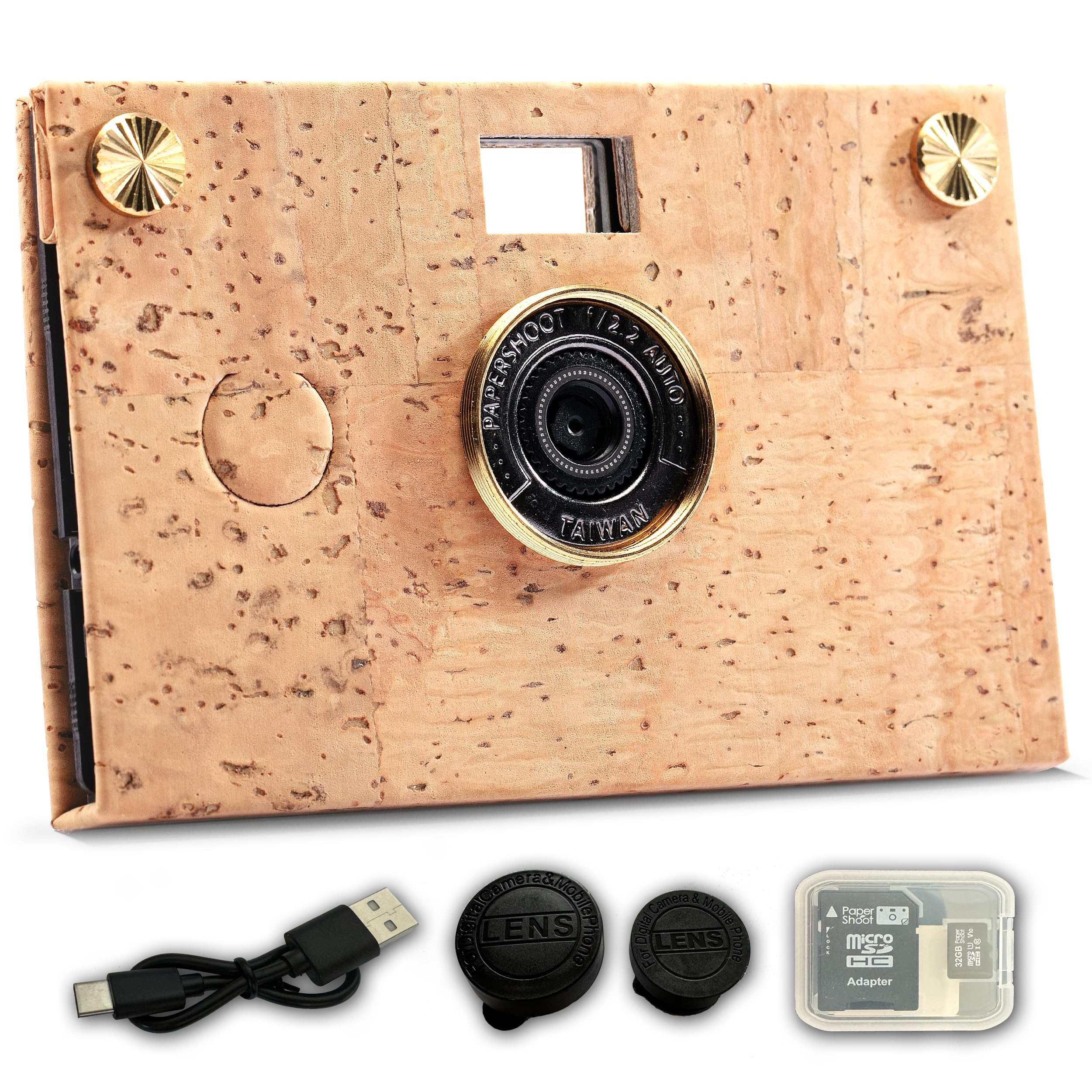 Paper Shoot Camera - 18MP Compact Digital Papershoot Camera Gift for Kid with Four Filters, 10 Sec Video & Timelapse - Includes: 32GB SD Card, 2 Effect Lens & Camera Case - Cork Plain