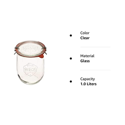 Weck Tulip Jar - Sour Dough Starter Jars for Sourdough - 1 x WECK 745 Large Clear Jar with Wide Mouth - 1 Liter Includes Glass Lid, rubber seal and steel clips