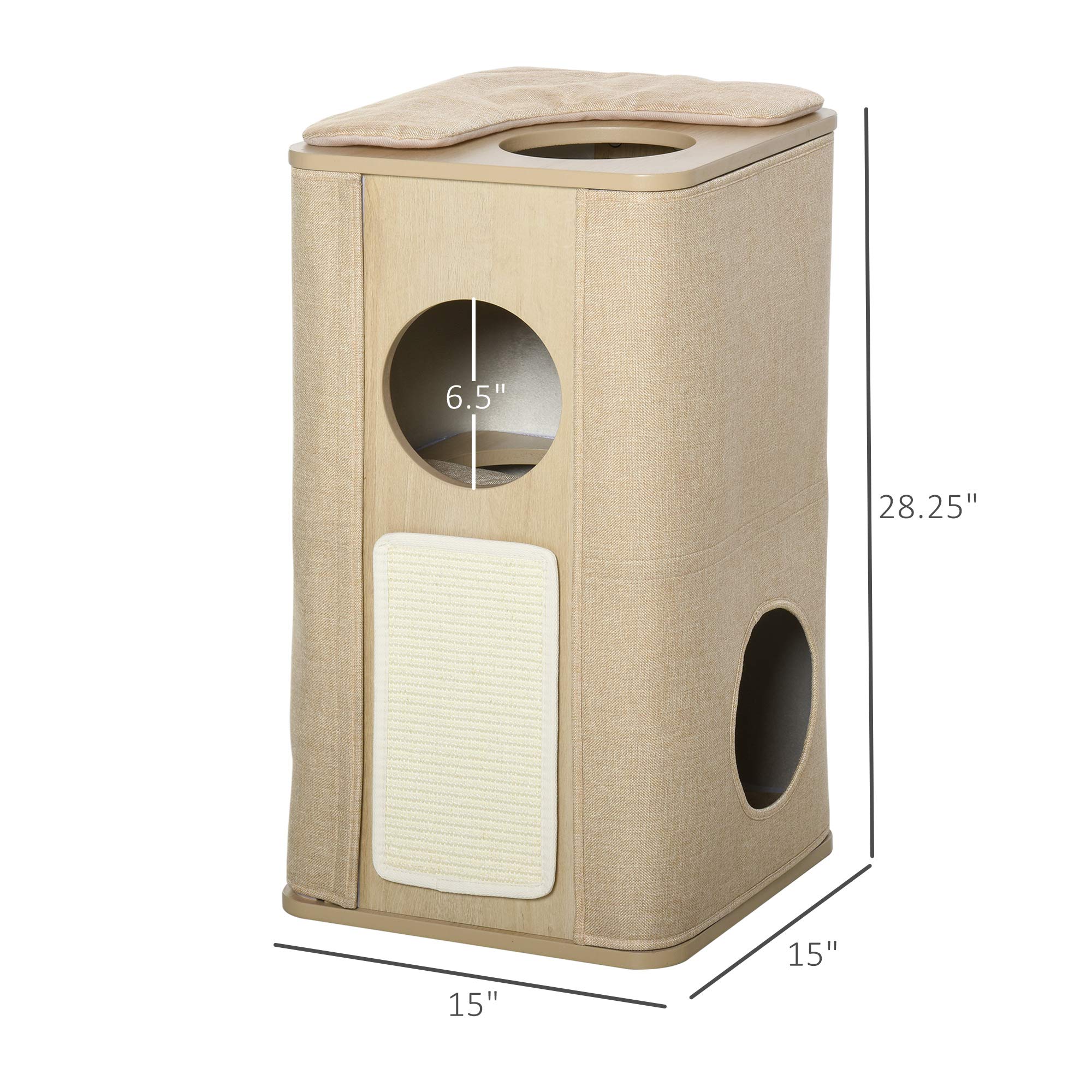 PawHut Wooden Cat Condo 3 Story Barrel Tower w/Perch Removable Cover Cushions Sisal Scratching Carpet, Brown