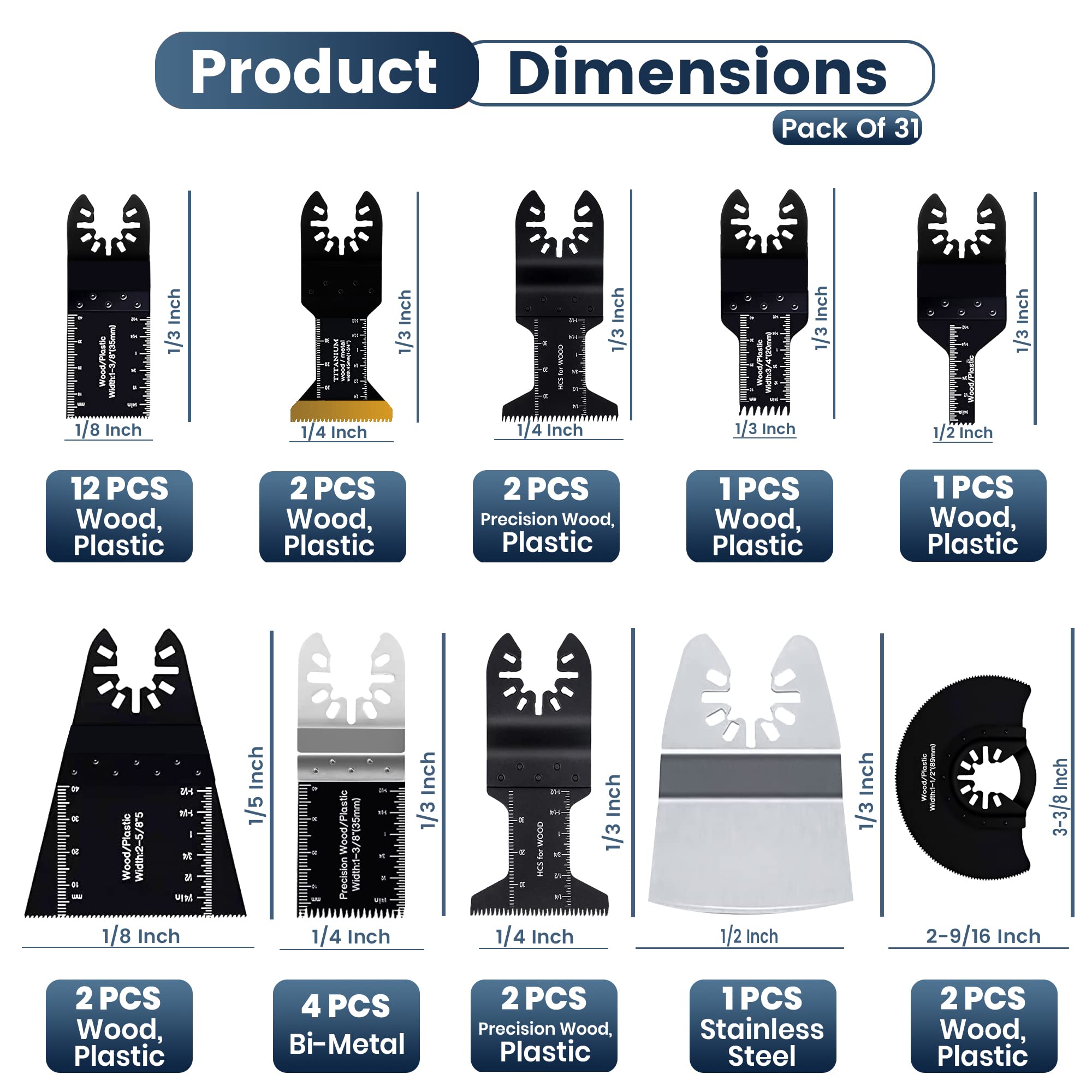 Oscillating Saw Blades | Pack of 31PCS | Multi Tool Blades Kit for Wood, Plastic, Metal and Steel | Quick Release Multitools Blades | Fit for Worx, Rockwell, Milwaukee, Bosch, Craftsman, Ryobi, Ridgid