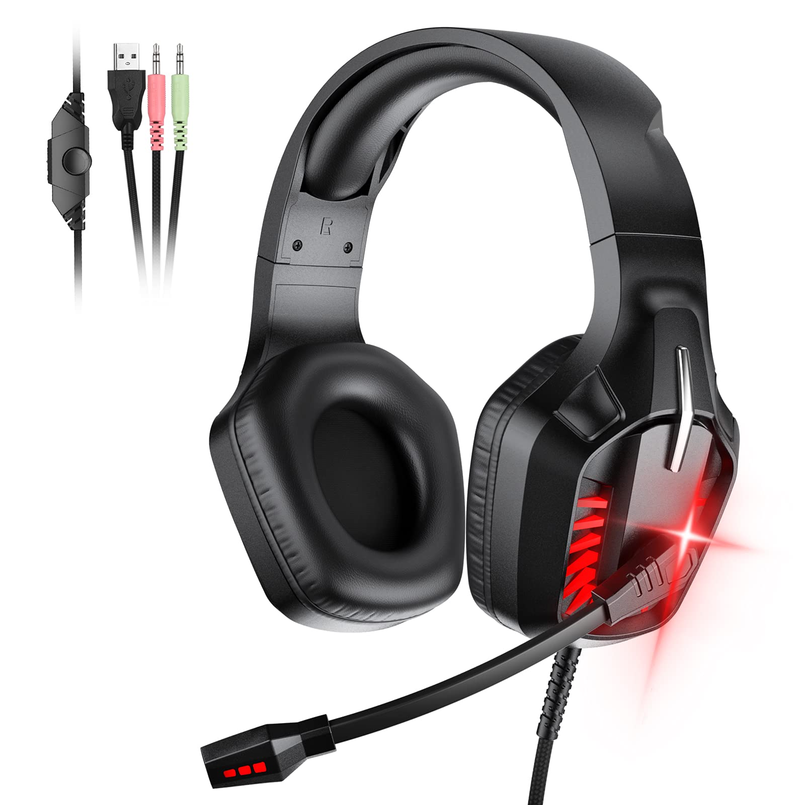 Powerextra Gaming Headset for PC, Over Ear Headphones with Noise Cancelling Microphone LED Light, Mic, Volume Control, Soft Memory Earmuffs for Laptop Mac Nintendo PS4 PS5 Xbox One Controller