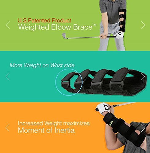 Weighted Elbow Brace - Shoulder Turn & Straight Arm Golf Swing Trainer Increasing The Moment of Inertia Force (Rigid, US Patented)