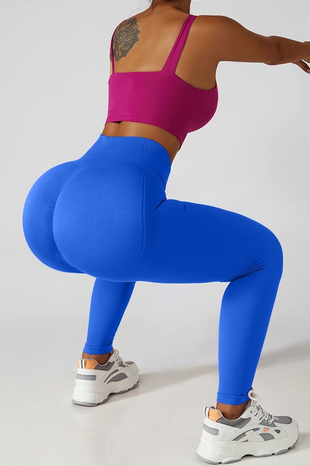 QINSEN Womens Seamless High Waisted Yoga Pants Tummy Control Ruched Back Workout Leggings Blue M