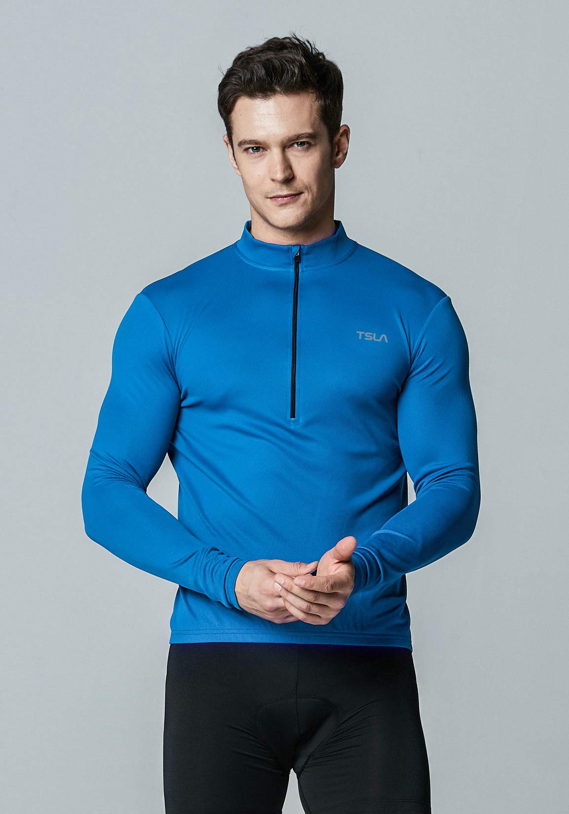 TSLA Men's Long Sleeve Bike Cycling Jersey, Quick Dry Breathable Reflective Biking Shirts with 3 Rear Pockets, Cycle Long Sleeve Sky Blue, Medium
