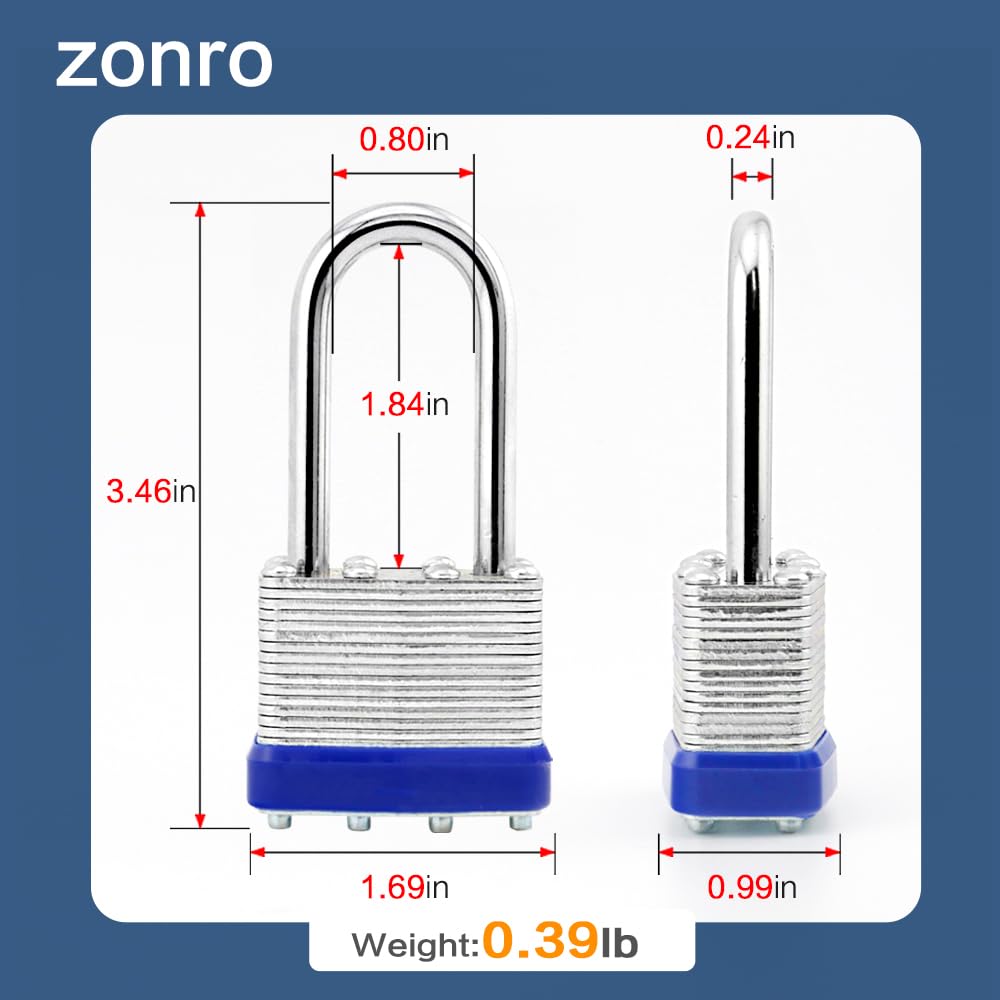 ZonRo Locks Laminated Steel Keyed Padlocks Keyed Alike Locks, Long Shackle Padlocks, for Hasp Latch, Sheds, Fences, Storage Locker, School, Gym,Pack of 6