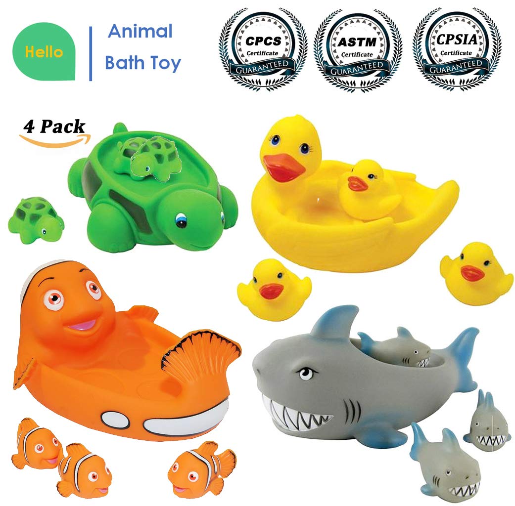 Ocean Animals Rubber Cute Family Bathtub Pals Floating Duck Shark Clownfish Turtle Bath Toys Value Pack (Set of 4)