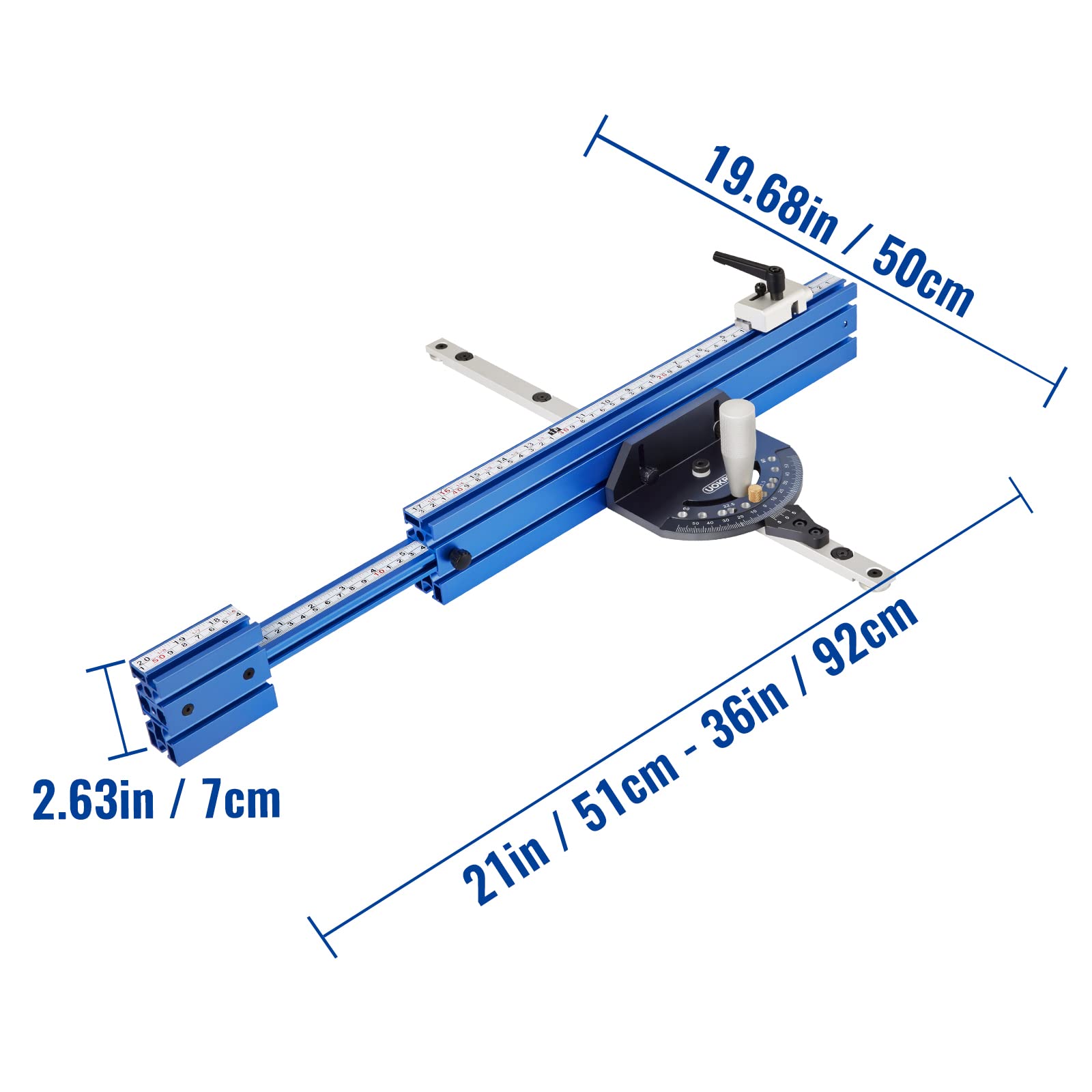 UOKRR Precision Miter Gauge for Table Saw Craftsman Telescoping 20'' to 36'' Aluminum Miter Fence Repetitive Cut Flip Stop 60° Angled Ends for Maximum Stock Support, Blue (UO036)
