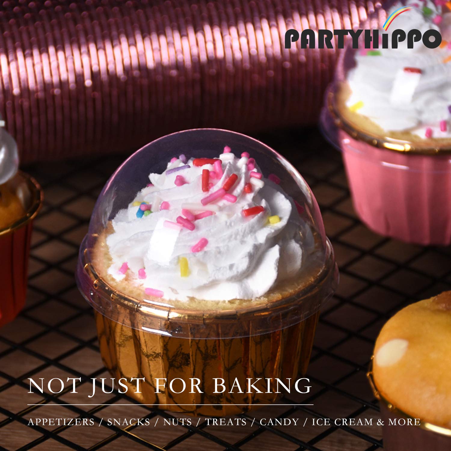 Party Hippo Cupcake Cups, 3.5 Oz 50 pcs Disposable Foil Muffin Liners, Gold Cupcake Baking Cups, Ramekin Aluminum Cupcake Tip Pan Ramekin Holders, Little Baking Cups (Blue)