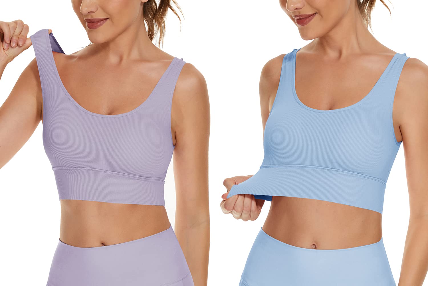 SEGRILA Women’s Sports Bra Ribbed Seamless Medium Support Workout Yoga Bras with Removable Pads,Pink+Purple+Blue,M