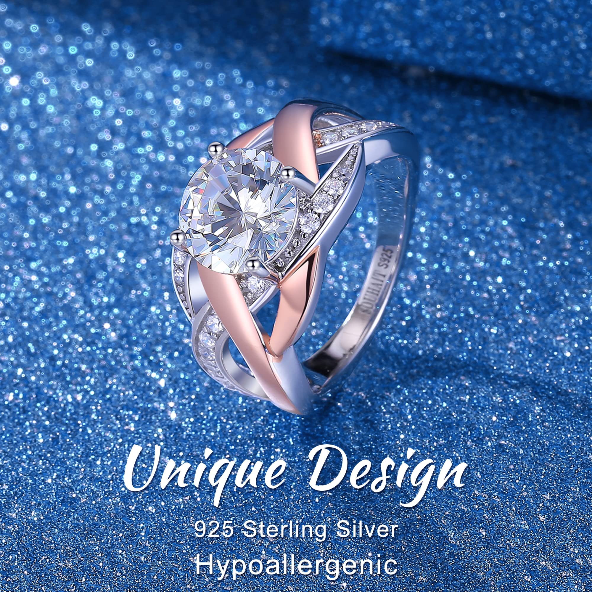 SOUHAIT 1.5-2.5CT Personalized Unique Anniversary Rings for Women 5A D Color Round Brilliant Diamond 925 Sterling Silver Infinity Halo Engagement Ring