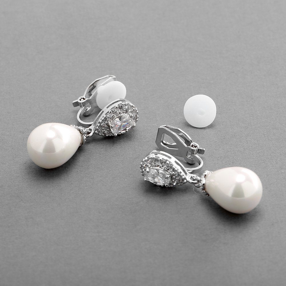 Mariell Pearl Bridal Wedding Clip-On Earrings for Bride, Pearl and CZ Non-Pierced Drop Bridal Earring