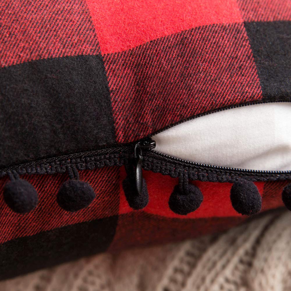 MIULEE Retro Plaid Pillow Covers Farmhouse Buffalo Check Pillow Cases with Pom-poms Decorative Throw Pillow Covers Set of 2 for Sofa Couch 20x20 Inch Red and White