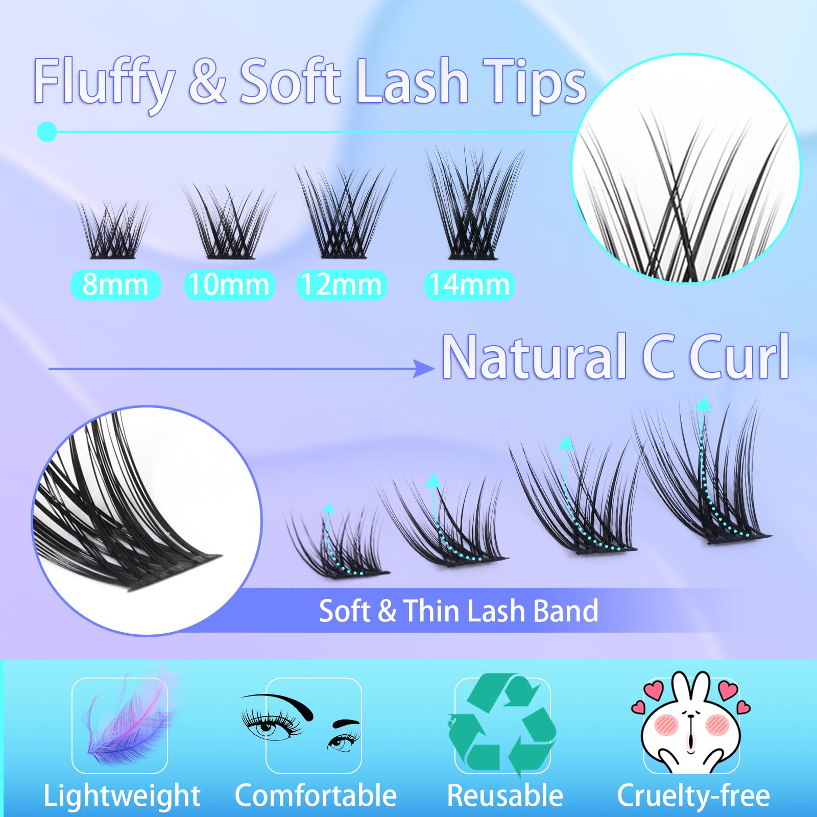 Obeyalash Natural Lash Clusters Wispy Lash Clusters Fluffy Lash Extensions C Curl 8-14mm Lash Clusters Natural Look DIY Eye Individual Lash Fox Eye False Lashes for Beginners At Home Soft Thin Band