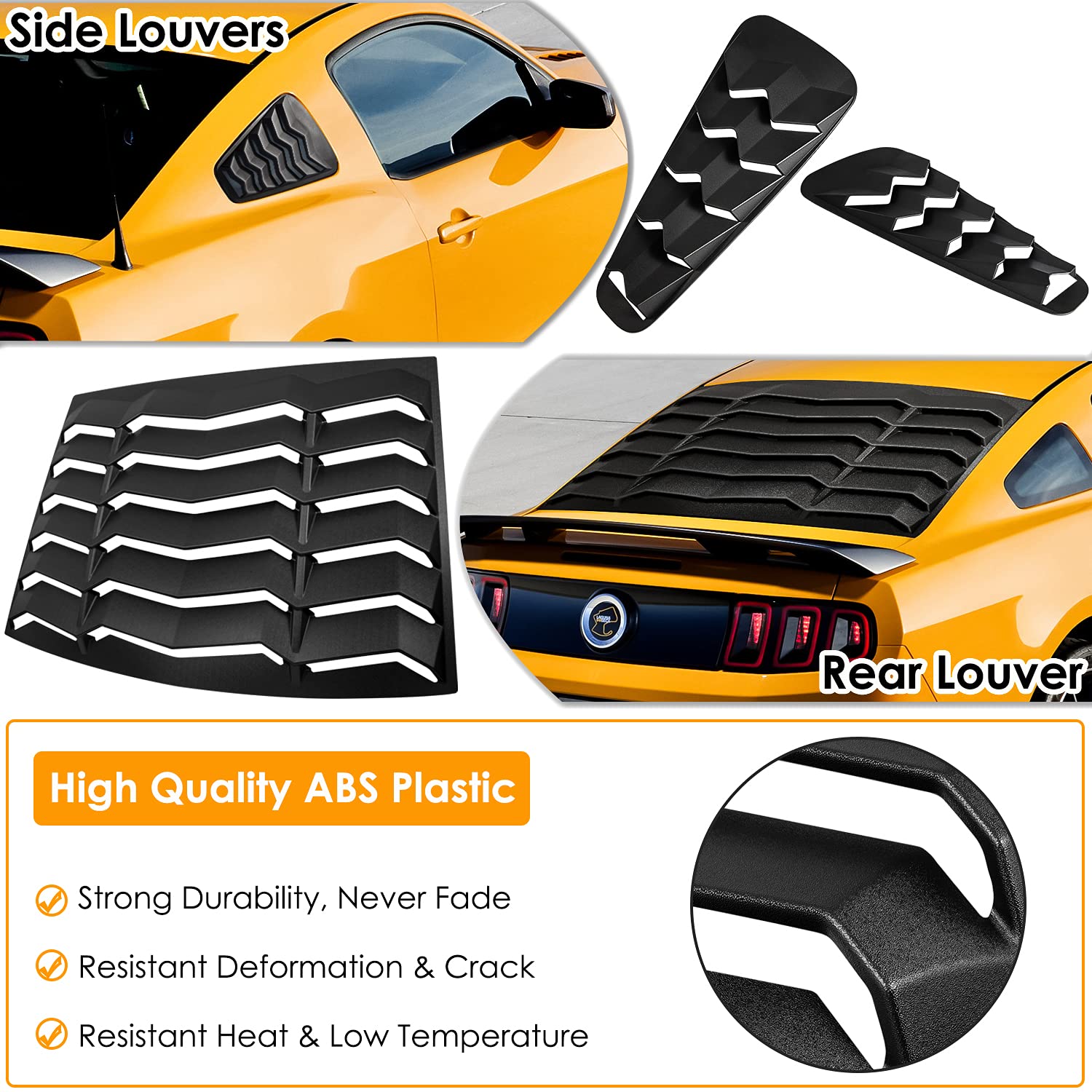 Rear + Side Window Louvers Fit for Ford Mustang 2005-2014 Scoop Sun Shade Windshield Covers GT Lambo Style Fit All Weather (Gloss Black)