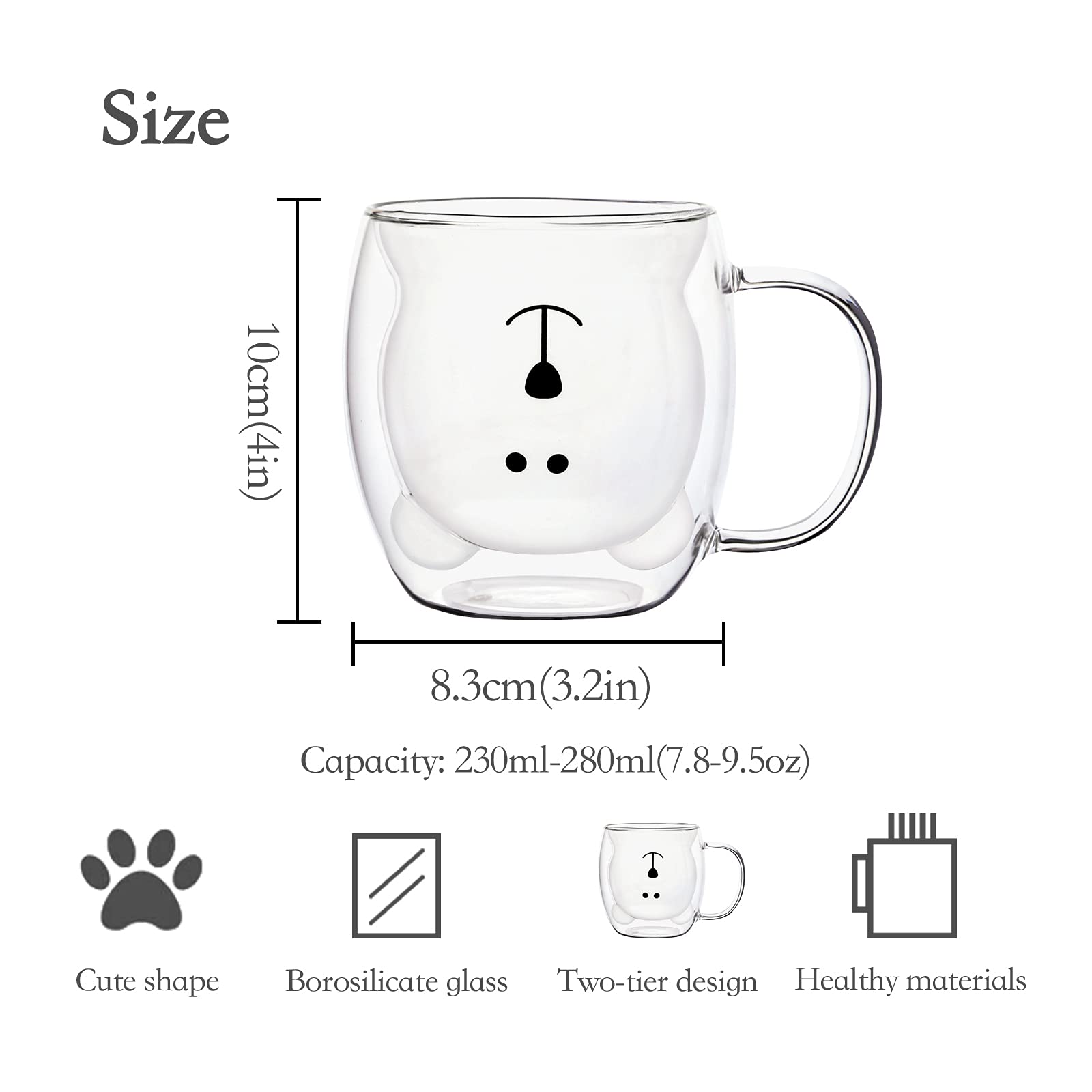 SHENDONG Cute Bear Mugs Cute Cups Bear Tea Coffee Cup with Handle 8.5oz Milk Cup Double Wall Insulated Glass Espresso Cups Glass Gift for Personal Birthday Valentine's Day and Office