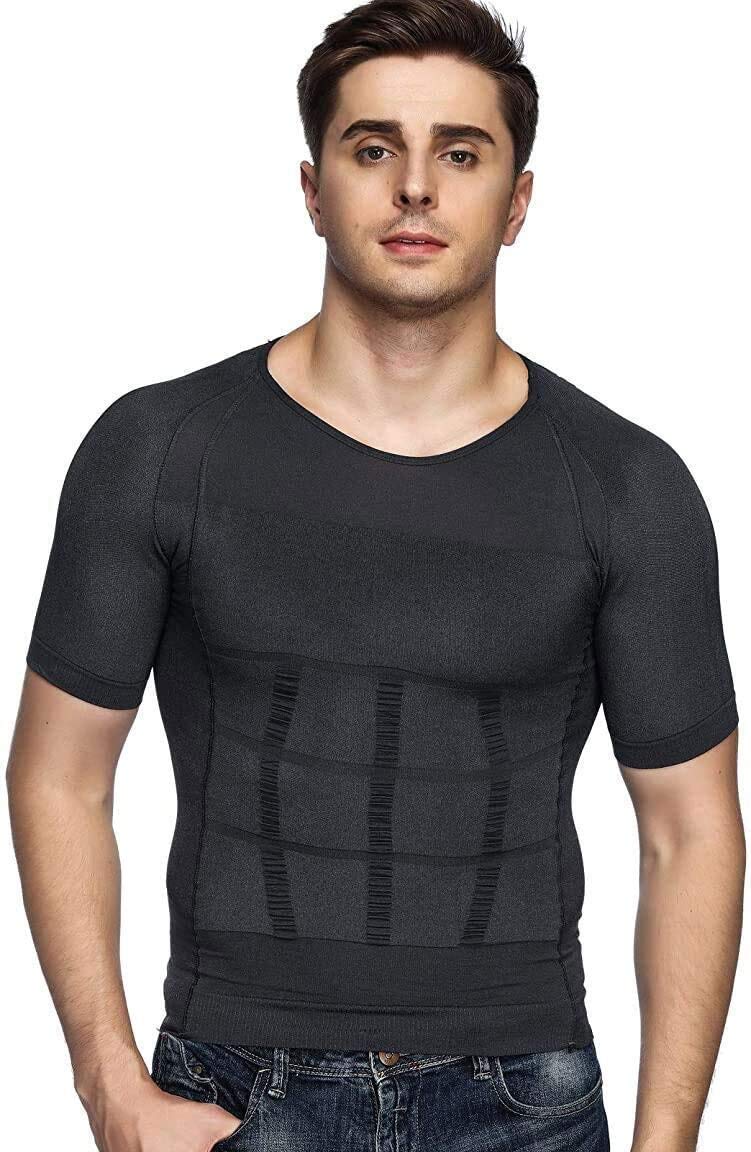 Odoland 3 Pack Men's Body Shaper Slimming Shirt Tummy Vest Thermal Compression Base Layer Slim Muscle Short Sleeve Shapewear, Grey/Grey/Grey, XL