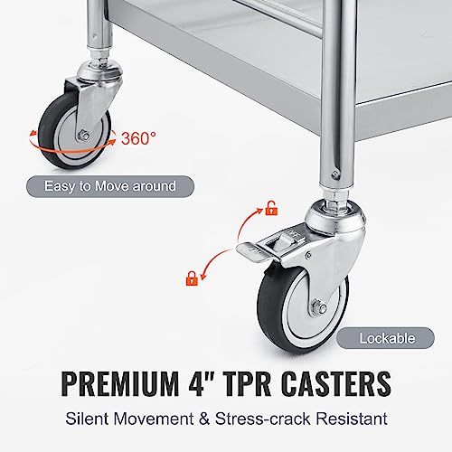 VEVOR Medical Trolley, Dual-Tier Stainless Steel Trolley with a 220 lbs Load Limit, Equipped with Quiet 360° Casters and a Drawer, Ideal for Laboratories, Clinics, Kitchens, and Salons