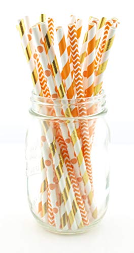 Thanksgiving Dinner Straws (25 Pack) - Fall Leaf Autumn Wedding Party Supplies, Orange & Gold Assorted Paper Straws for Thanksgiving Table Decor