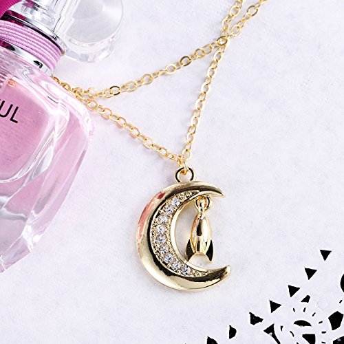 MANZHEN Gold Silver Tone Crystal Crescent Moon with Rocket Charm Pendant Necklace Moon Jewelry (Rose gold)
