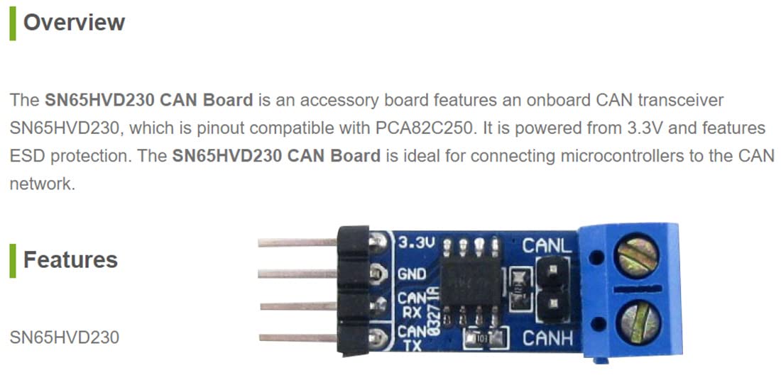 Waveshare SN65HVD230 CAN Board Connecting MCUs to CAN Network Features ESD Protection Communication Evaluation Development Board 3.3V [2 PCS]