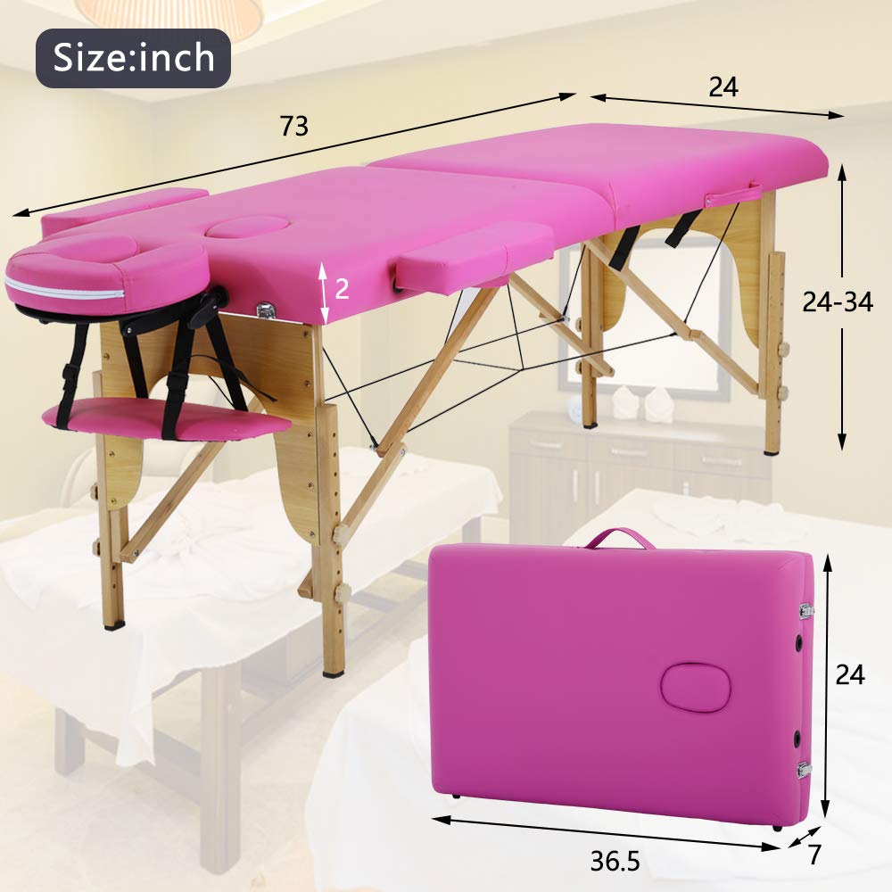 Portable Massage Table Spa Bed Folding 84 Inch Height Adjustable 2 Fold Massage Bed with Carry Case PU Leather Professional Facial Salon Tattoo Lash Bed with Face Cradle, Hold Up To 450Lbs, Pink