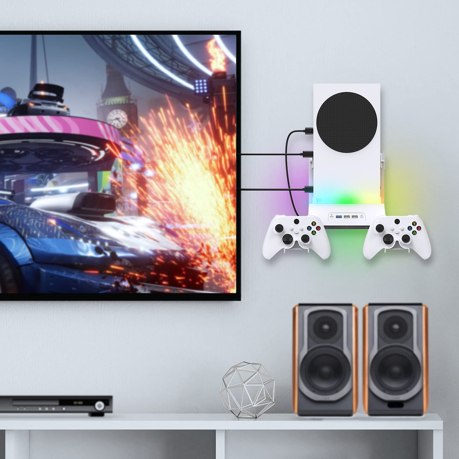 Wall Mount for Xbox Series S, Vertical RGB Light Cooling Fan Bracket Mount Kit Accessories with 2 X Controller Holder & Extended USB Ports for Xbox Series S Console