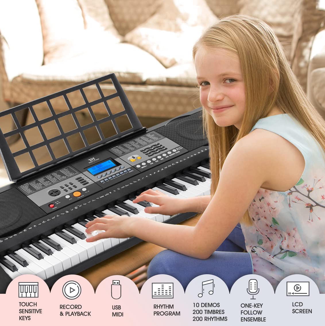 MUSTAR Piano Keyboard, 61 Key Keyboard Piano Electric Piano with Stand, Touch Sensitive Keyboards Piano 61 Key for Beginners, Headphones, Microphone, MP3/USB/LCD Screen, Holiday Birthday Gifts