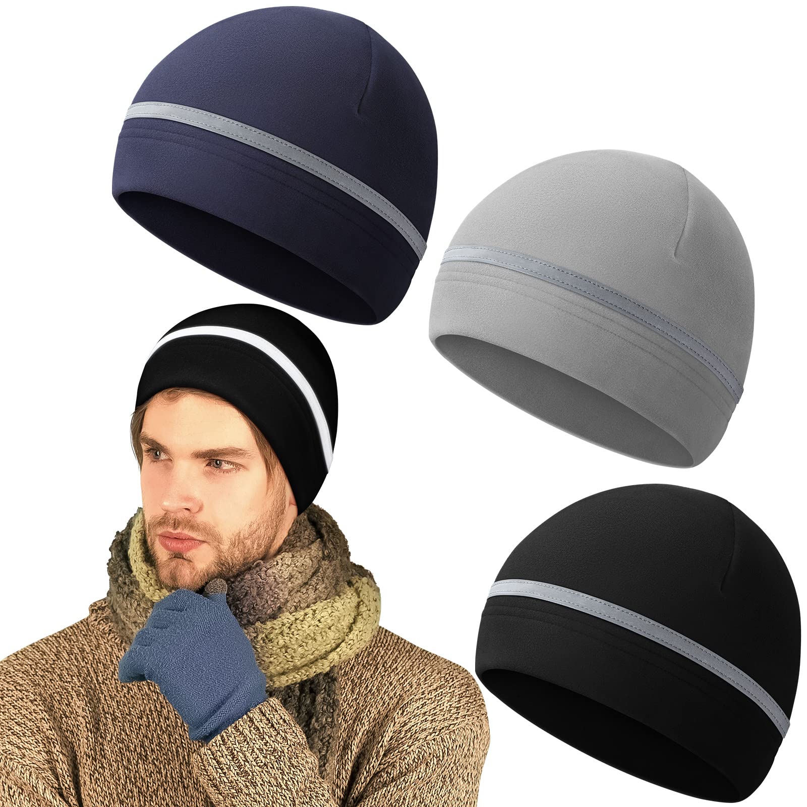 Set of 3 Men Winter Warm Skull Cap Reflective De Velvet Fabric Running Hat for Winter Running Riding Skiing Outdoor Activities