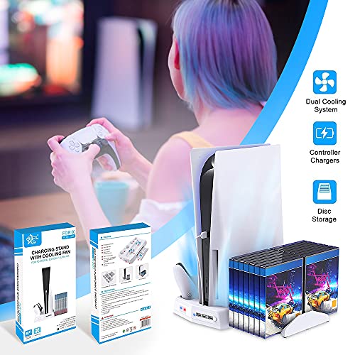 Playstation 5 Charging Station with Cooling Fan, Vertical Solid Stand Ps5 Console. Two Controllers Charger Station with Charging Indicator, Retractable Game Slot, White