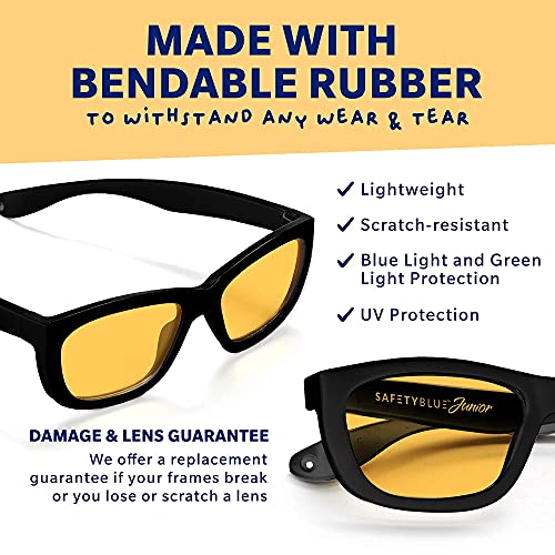 SafetyBlue - Ambient Nights Jr Kids Glasses, Non-Prescription Computer and Gaming Glasses with Green and Blue Light Filter, Ultra-Durable and Bendable, Unisex, Space Black
