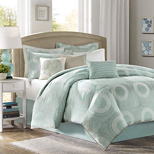 Madison Park Baxter Queen Size Bed Comforter Set Bed in A Bag - Seafoam Green Blue, Jacquard Medallion – 7 Pieces Bedding Sets – Ultra Soft Microfiber Bedroom Comforters