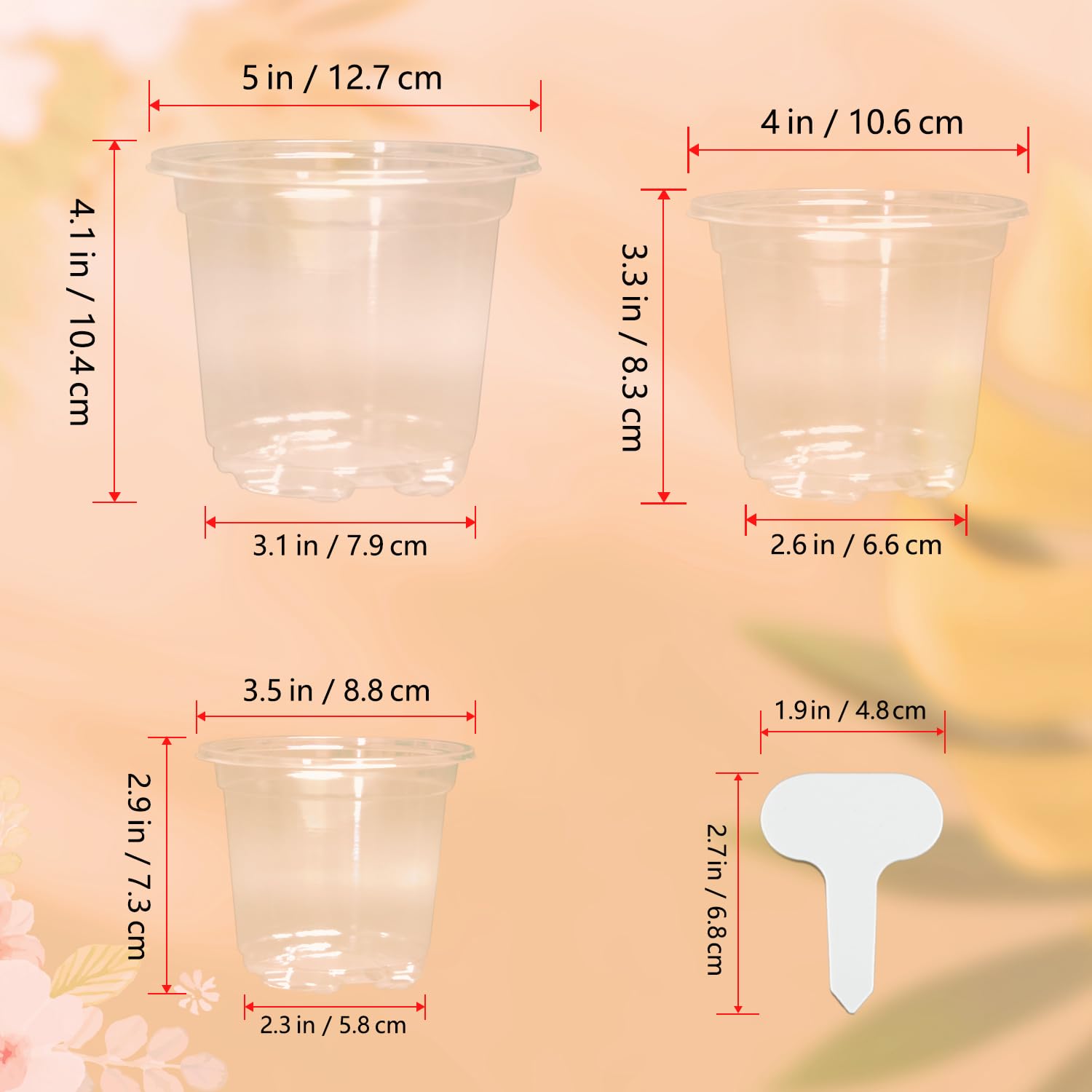 SupKing Clear Nursery Pots 5/4/3.5 Inch Plastic Planter with Drainage Holes, Small Starter Seed Starting Trays for Seedling with Bonus 15pcs Plant Labels(12pcs)
