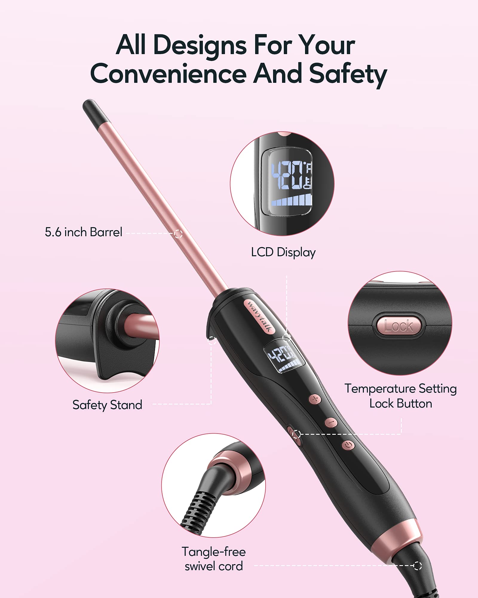 Wavytalk Small Curling Iron, 3/8 Inch Barrel Ceramic Wand Iron for Short & Long Hair, Skinny with Adjustable Temperature (Rose Pink)