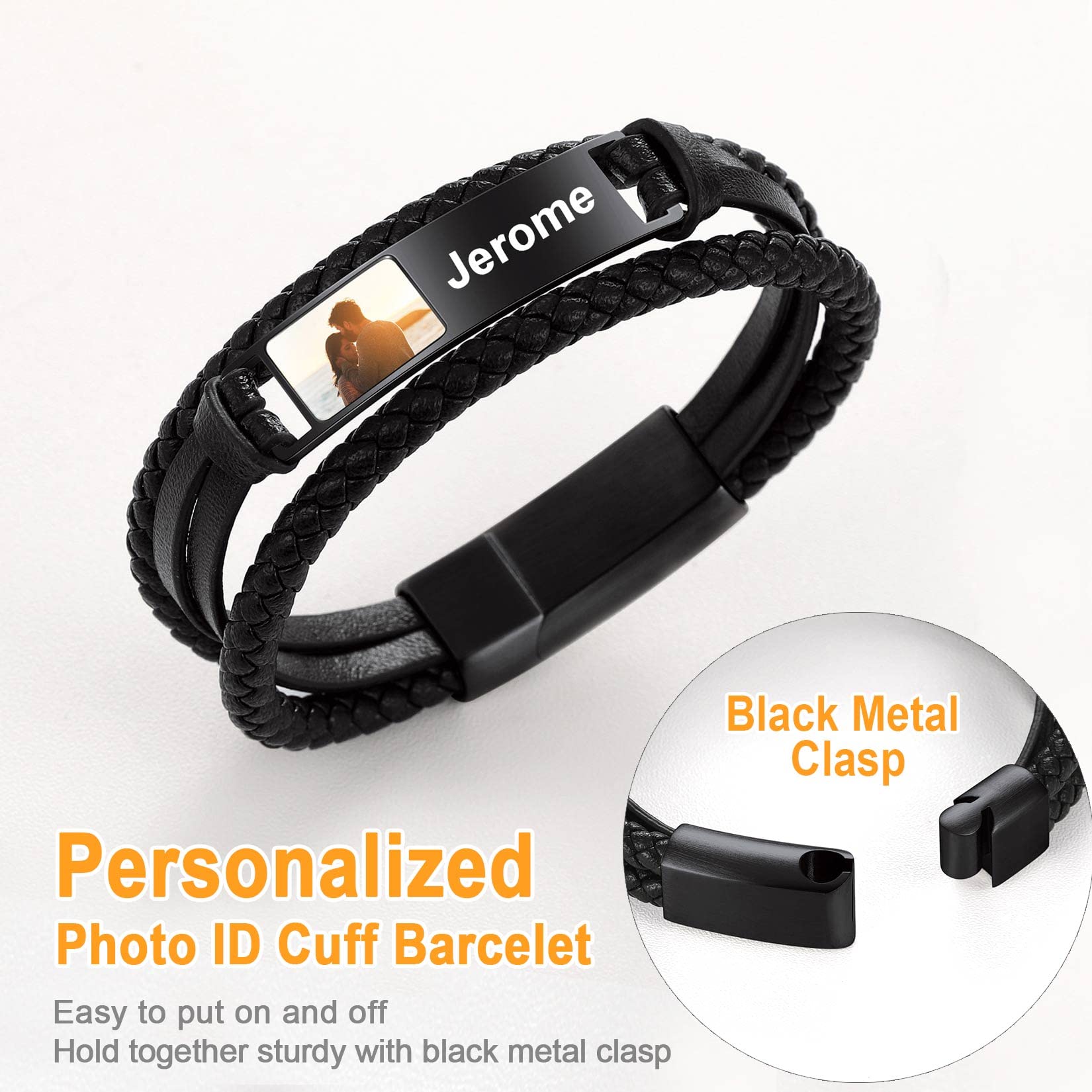 U7 Fathers Gift Bracelet with Picture Side, Braided Black Leather Cuff Bracelet Personalized Photo Printing Custom Engraved Bar Layered Wrap Bracelets for Men Women