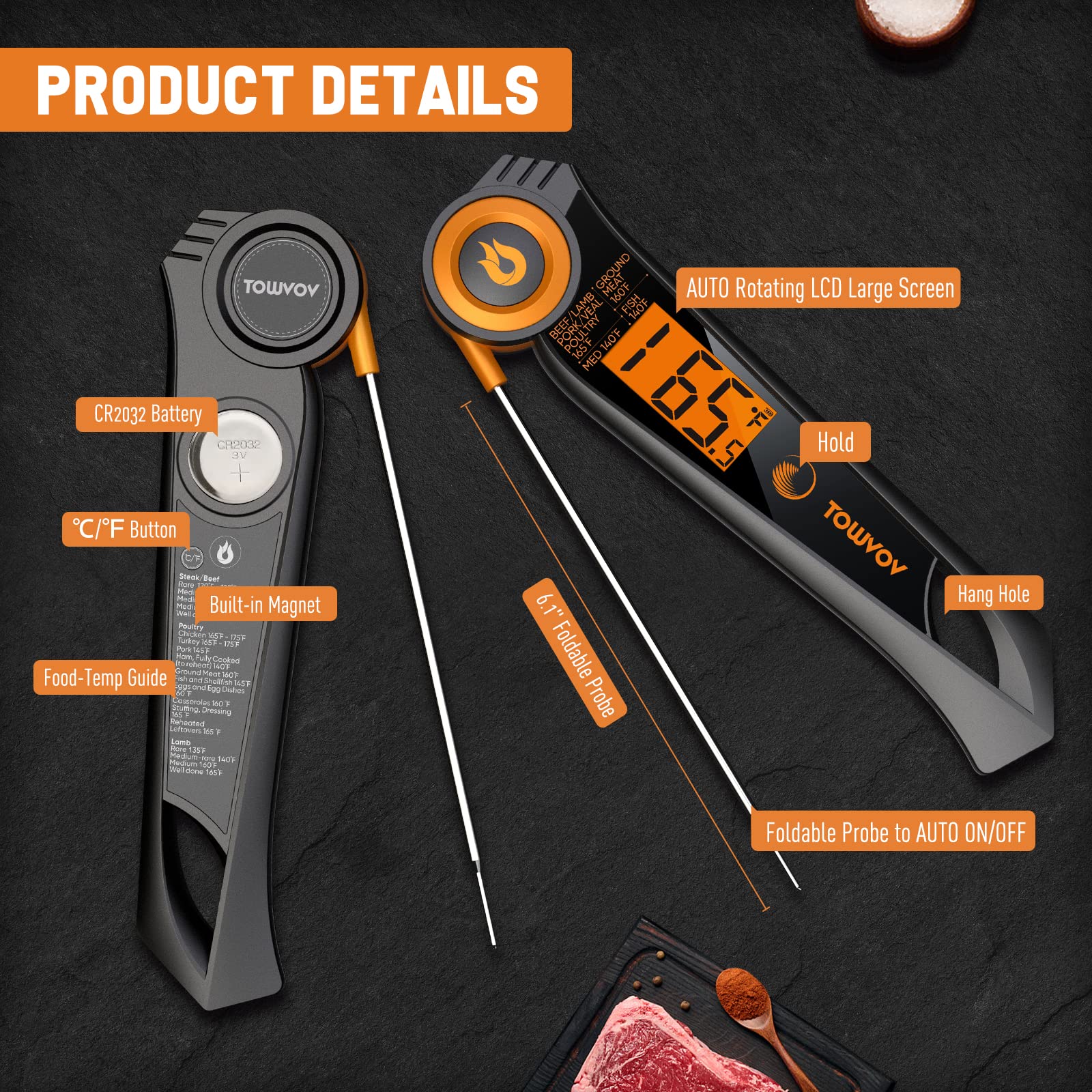๐จ๐ฝ๐ด๐ฟ๐ฎ๐ฑ๐ฒ๐ฑ Meat Thermometer Digital for Grill and Cooking - Instant Read Meat Thermometer 6.1โ Ultra Long Waterproof Grill Thermometer w/Reversible Display for BBQ, Oil Deep Frying