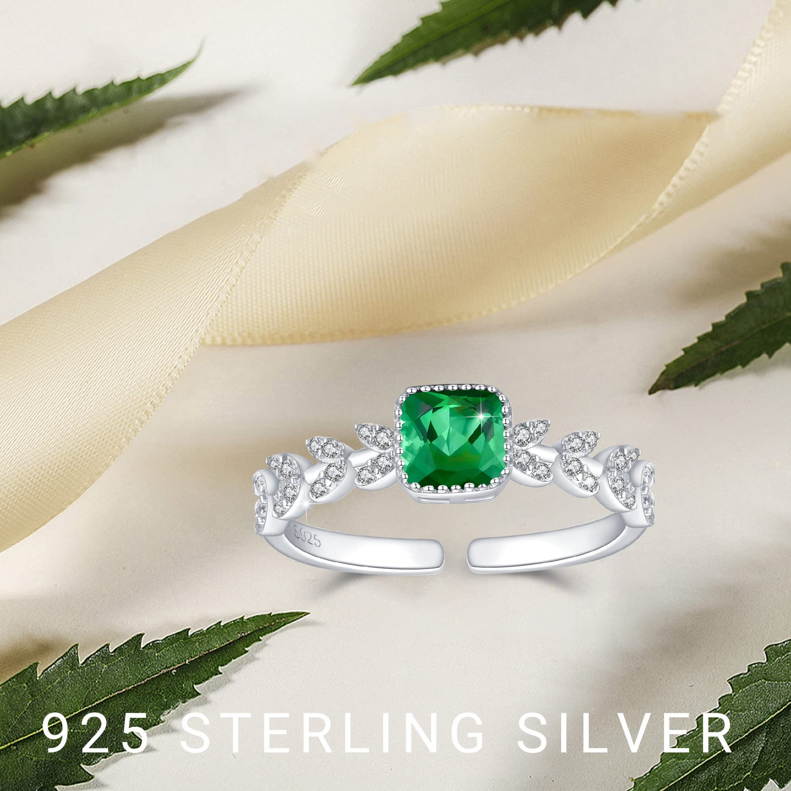TUGHRA Emerald Ring - Sterling Silver Green Vintage Gem Birthstone Ring, Cubic Zirconia Leaf Ring, Adjustable Branch Ring Jewelry For Women, Mother's Day Gift