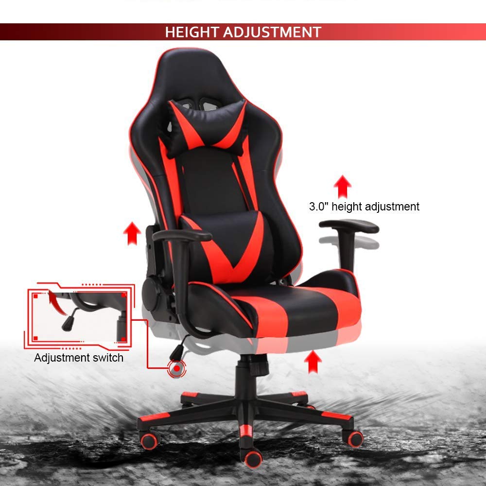 OGEFER Gaming Chair PC Computer Chair Racing Style Ergonomic with Massage Headrest Pillow Lumbar Support Armrest Home Office Swivel Chair Rocking Function 180 Degree Reclining Black Red