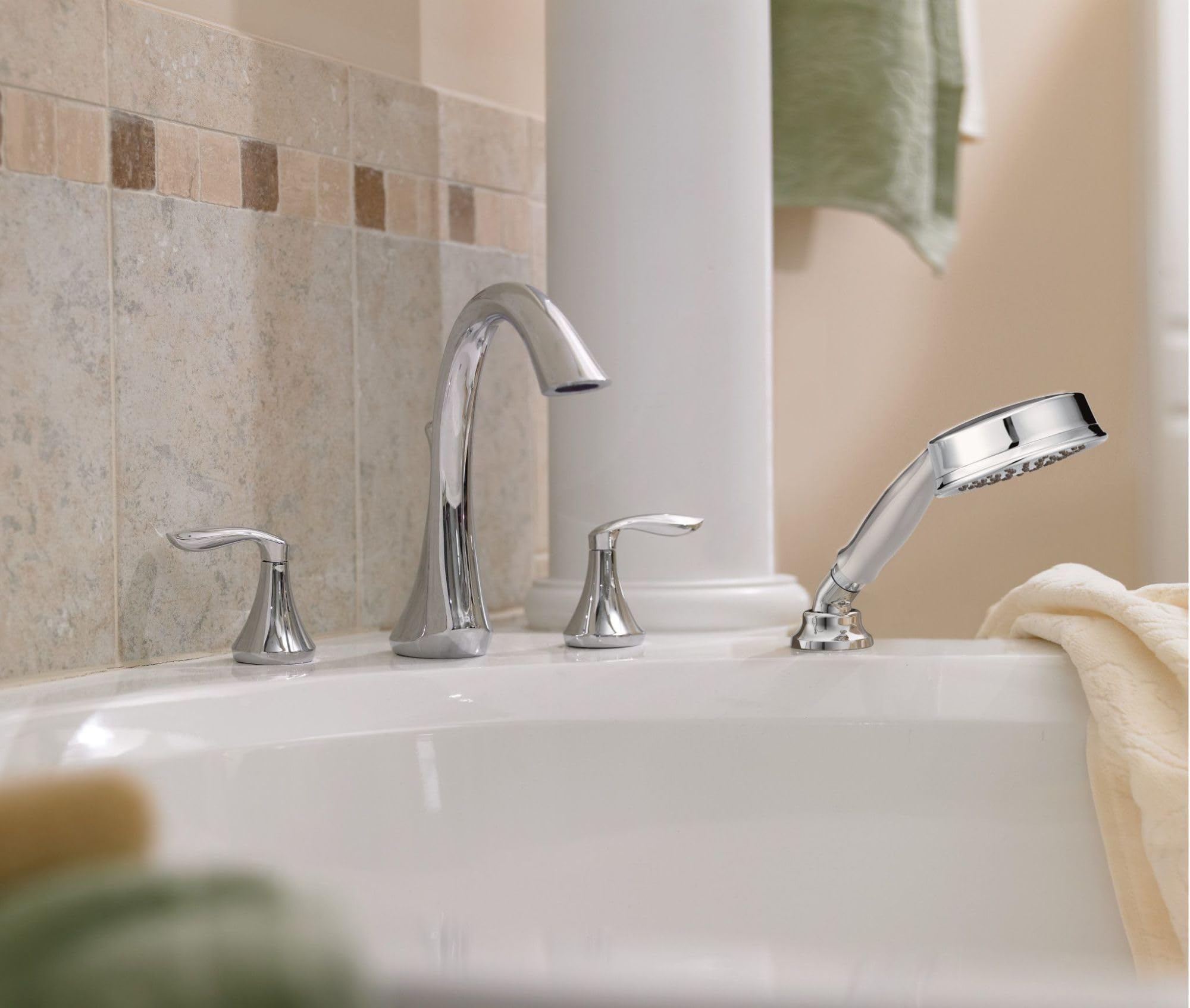 Moen Eva Brushed Nickel Two-Handle Deck Mount Roman Tub Faucet Trim Kit with Single Function Handshower, Valve Required, T944BN