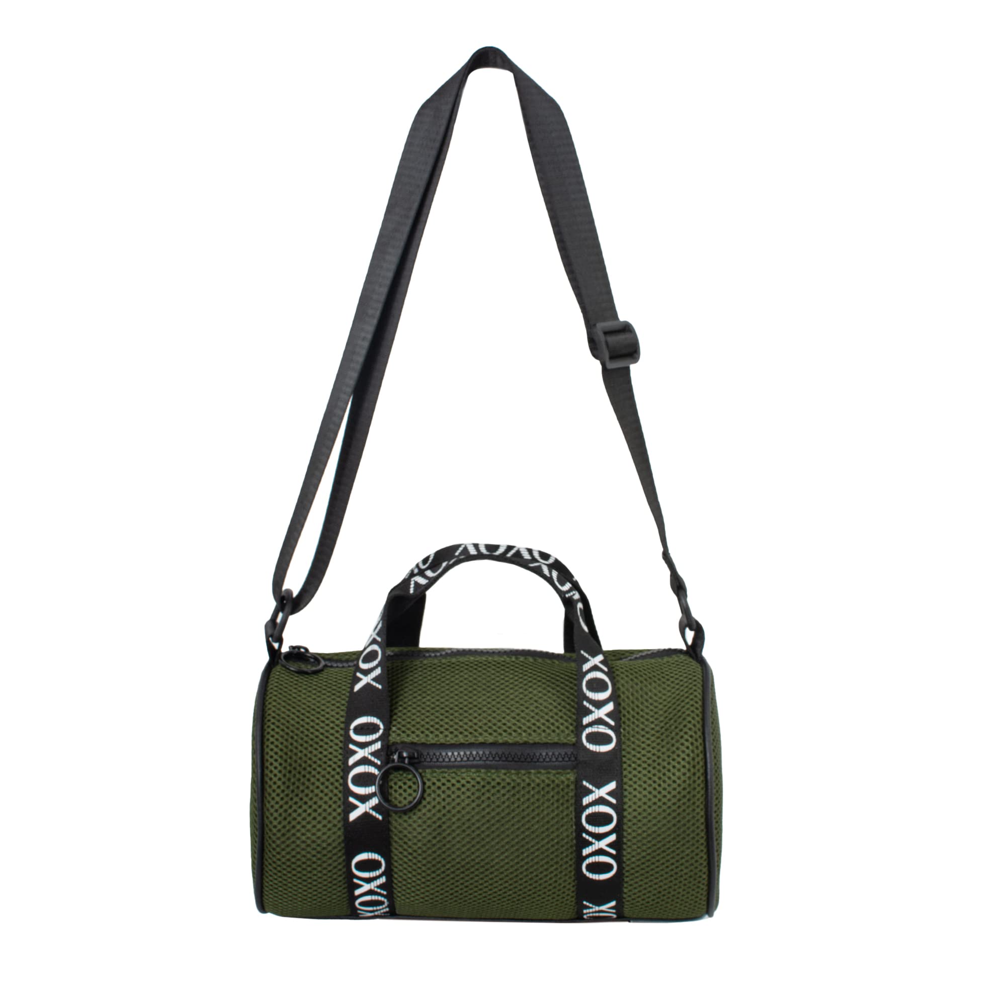 XOXO Women's Fabric Green Mesh Barrel Bag With Dual Top Handles And Adjustable Shoulder Strap