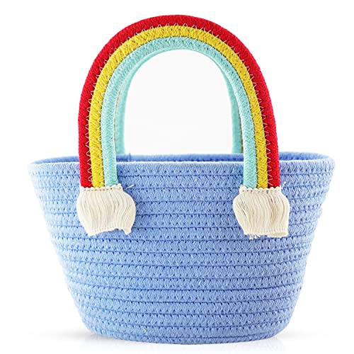 QTK Beach Tote Handmade Cotton Woven Rainbow Bag, Summer Beach Bags for Women, Color Tassel Rainbow Handle(Blue)