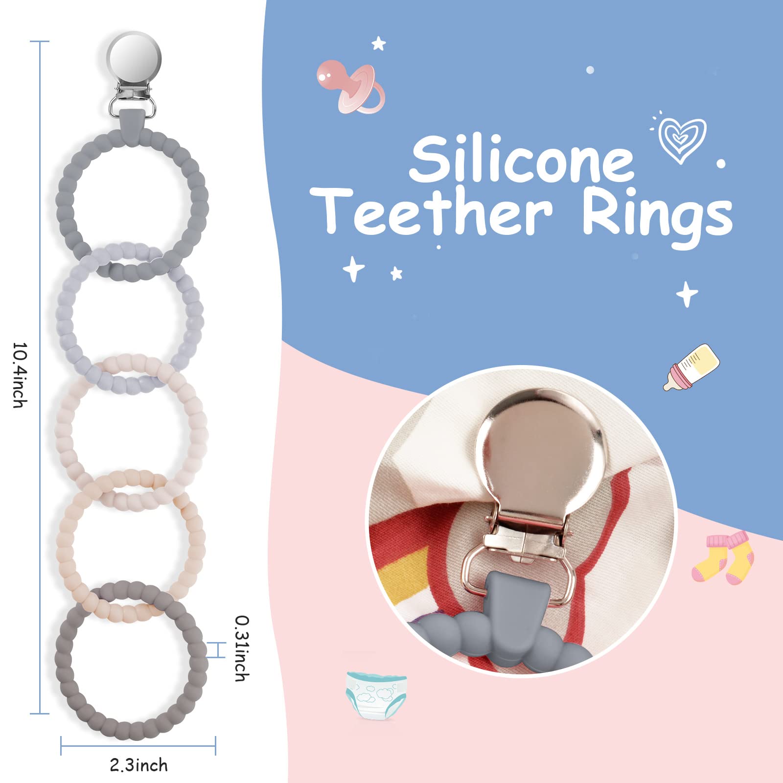 Vicloon Silicone Baby Teether Linking Rings,Silicone Teether Toy for Baby,Baby Toy Rings with Pacifier Clip,Attachable Teether Chew Toy for 3-6 Months,Baby Toy Rings Links for Stroller&Activity