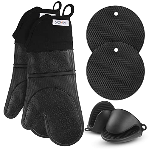 RFAQK Oven Mitts and Pot Holders Sets- Extra Long Silicone Oven Mitts, Oven Mitts Heat Resistant with Quilted Soft Liner and Mini Oven Mittens Sets for Kitchen, Baking, Grill and BBQ (Black)