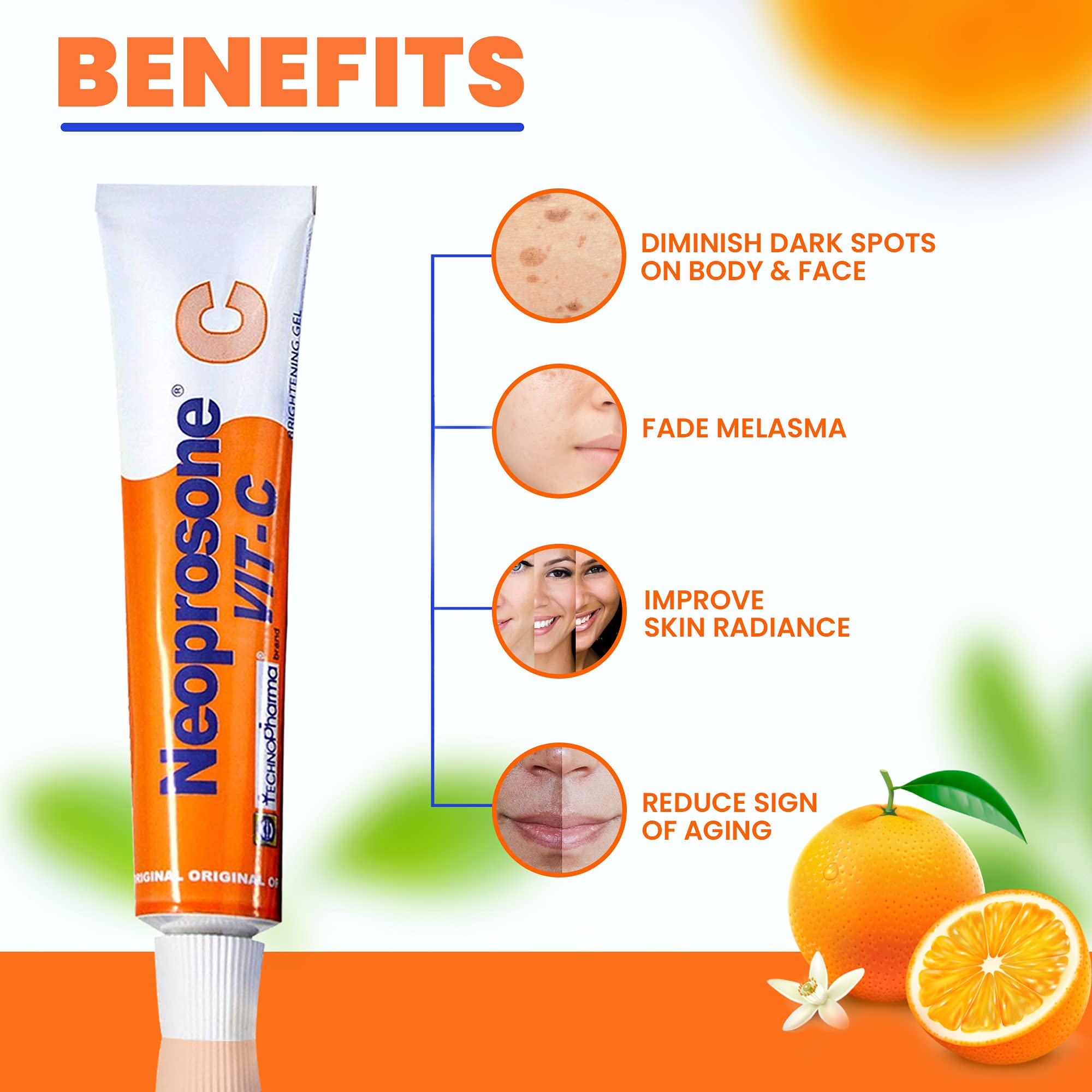 NEOPROSONE, Vitamin C Gel - 1 Fl oz / 30 ml - Brightening Gel Cream for Neck, Face, Body, Armpit, Hands - For Women and Men, with Alpha Arbutin