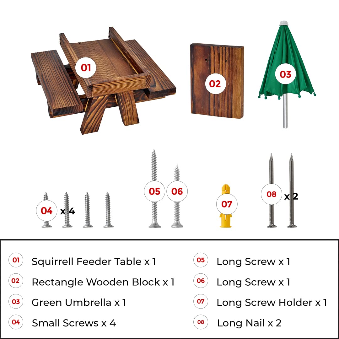 VASGOR Squirrel Feeder Table with Umbrella, Wooden Squirrel Picnic Table, Durable, Corn Cob, Solid Structure and 2 x Thick Benches, Stable, 8.3 x 7 x 8 Inches (1)
