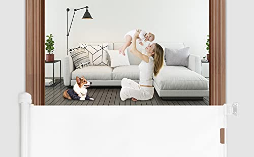 Retractable Baby Gate Mesh Safety Gate for Dog Indoor,Outdoor or Stairs 34" Tall Extends to 59" (White)