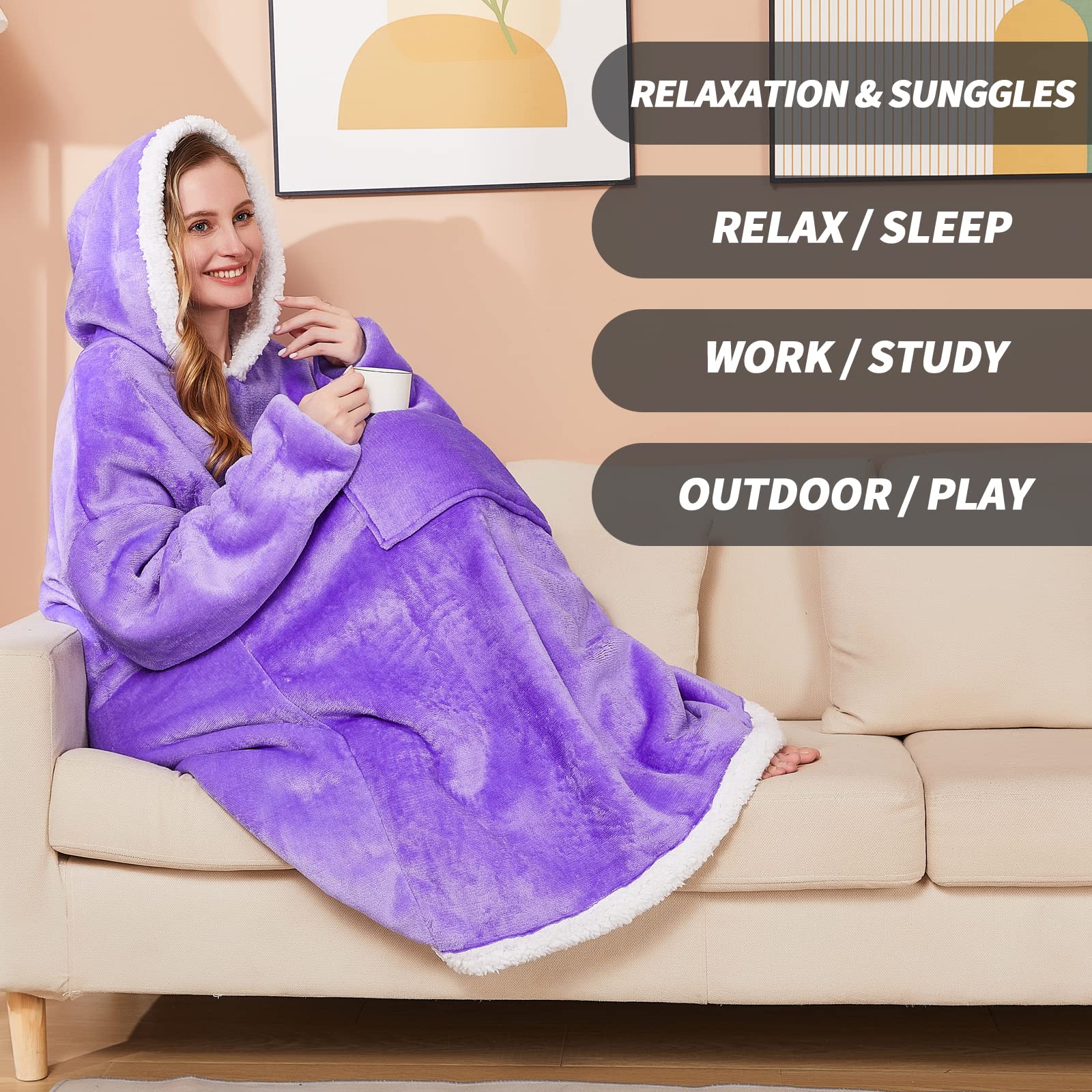 Oversized Sherpa Wearable Blanket Hoodie, Pullover Sweatshirt Warming Blanket for Women Gift Idea for Adults Teens Men, Navy, One Size