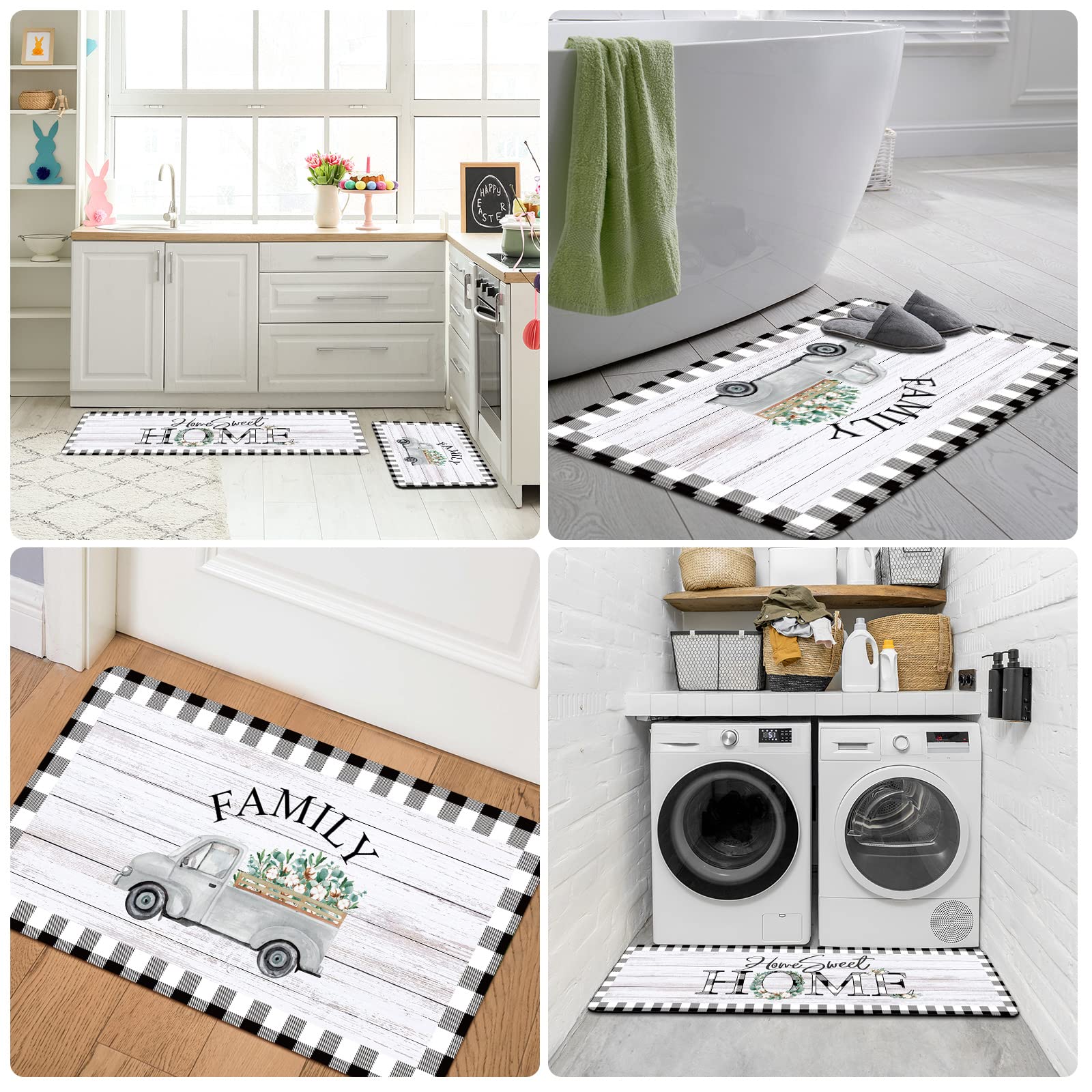 Riakrum 2 Pieces Non Slip Kitchen Mat for Floor Farmhouse Kitchen Rugs and Mats Gray Black White Checkered Rug Cushioned Comfort Standing Mats for Kitchen, 16 x 28 and 16 x 47 Inch