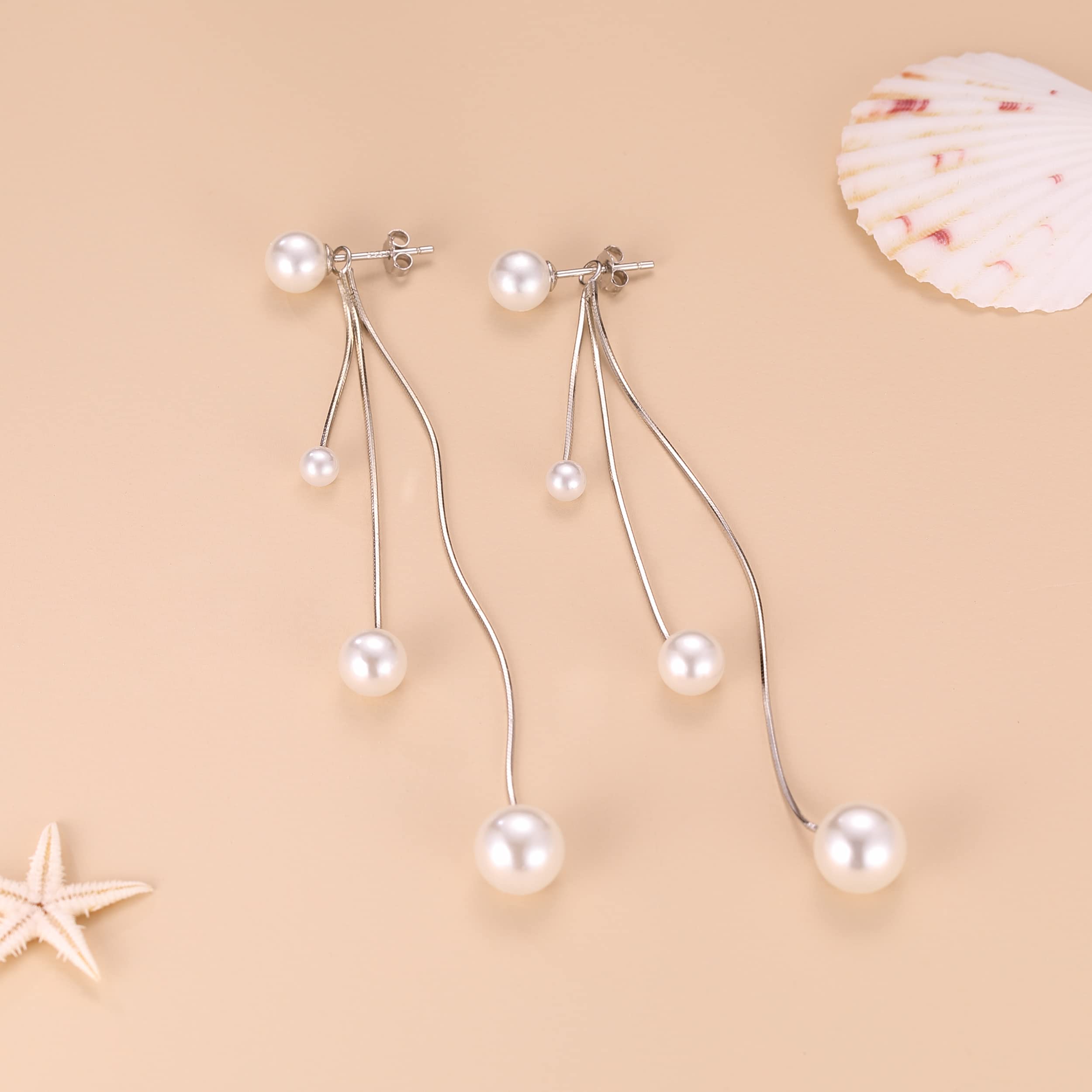 SLUYNZ Sterling Silver Pearls Dangle Earrings Chain for Women Teen Girls Wedding Dangle Earrings Long Tassel (A-Silver)