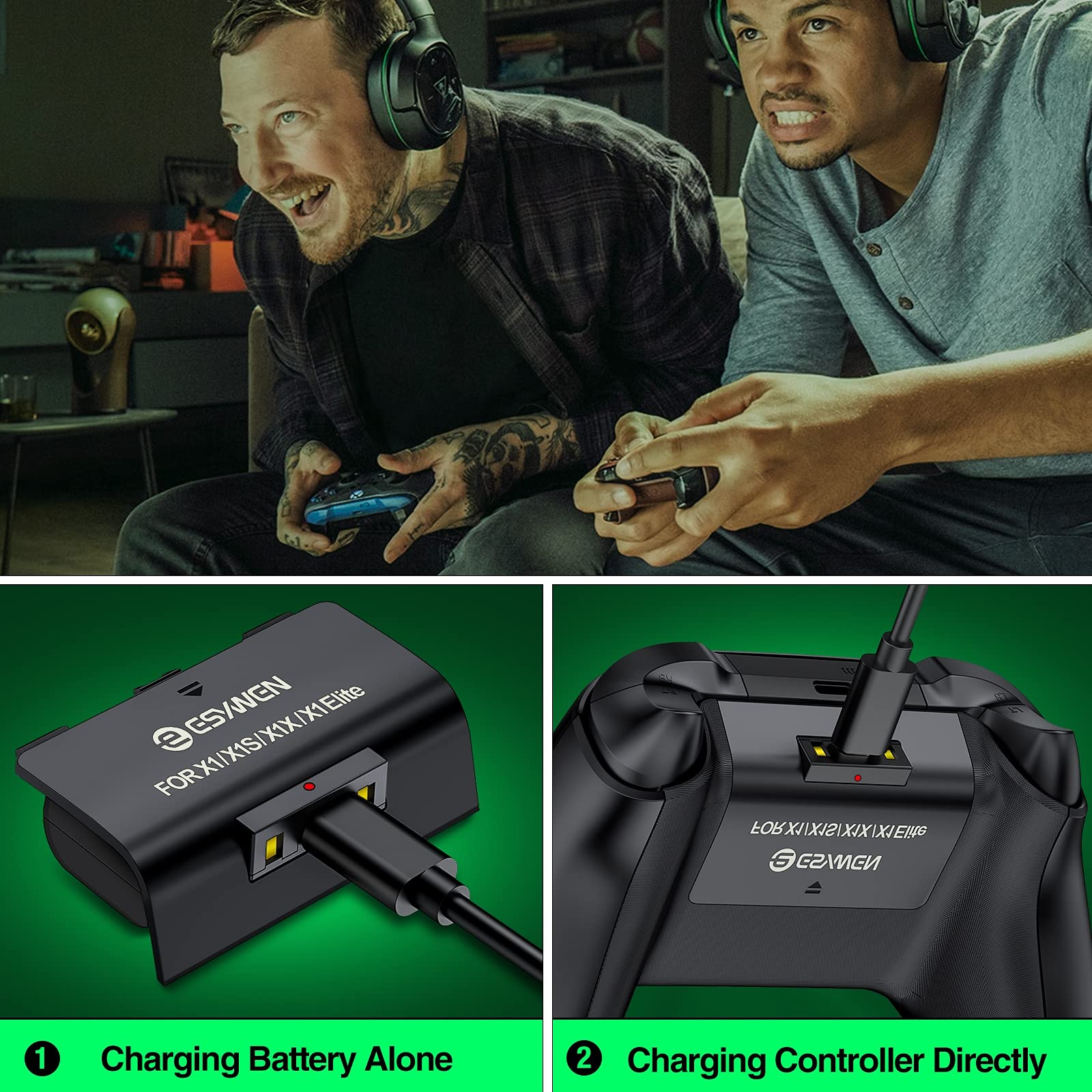 Rechargeable Battery Packs for Xbox One/Xbox Series X|S, Play & Charge Kit for Xbox Controller Battery Pack & 4 Battery Covers, 2 x 1200 mAh Battery Packs with USB Cable for Xbox Battery Pack
