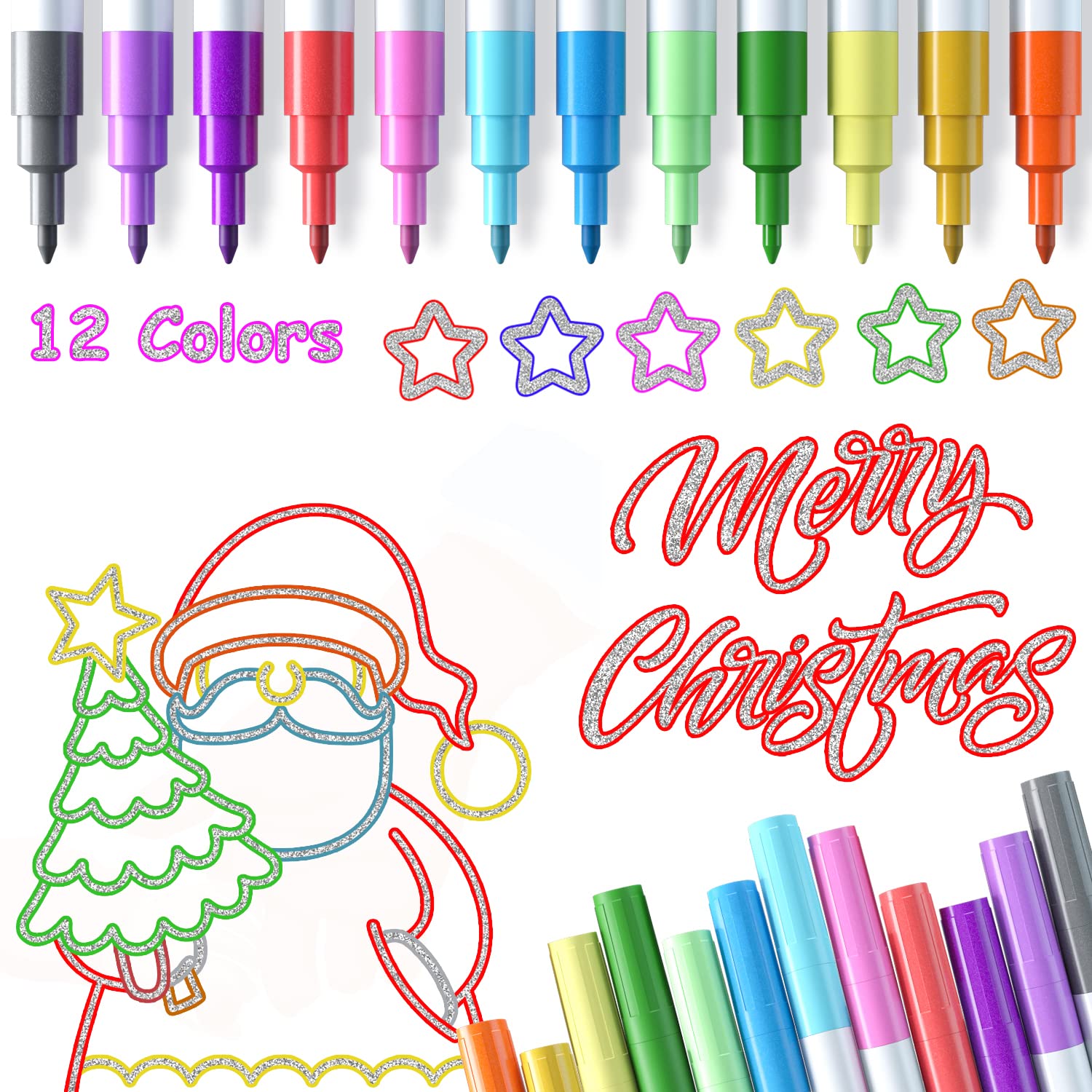 Ohuhu Outline Markers: 12 Colors Outline Pens Squiggles Shimmer Metallic Outline Markers Set Self-Outline Metallic Markers for Drawing Cards Making Writing Glitter Shimmer Markers For Adults Kids